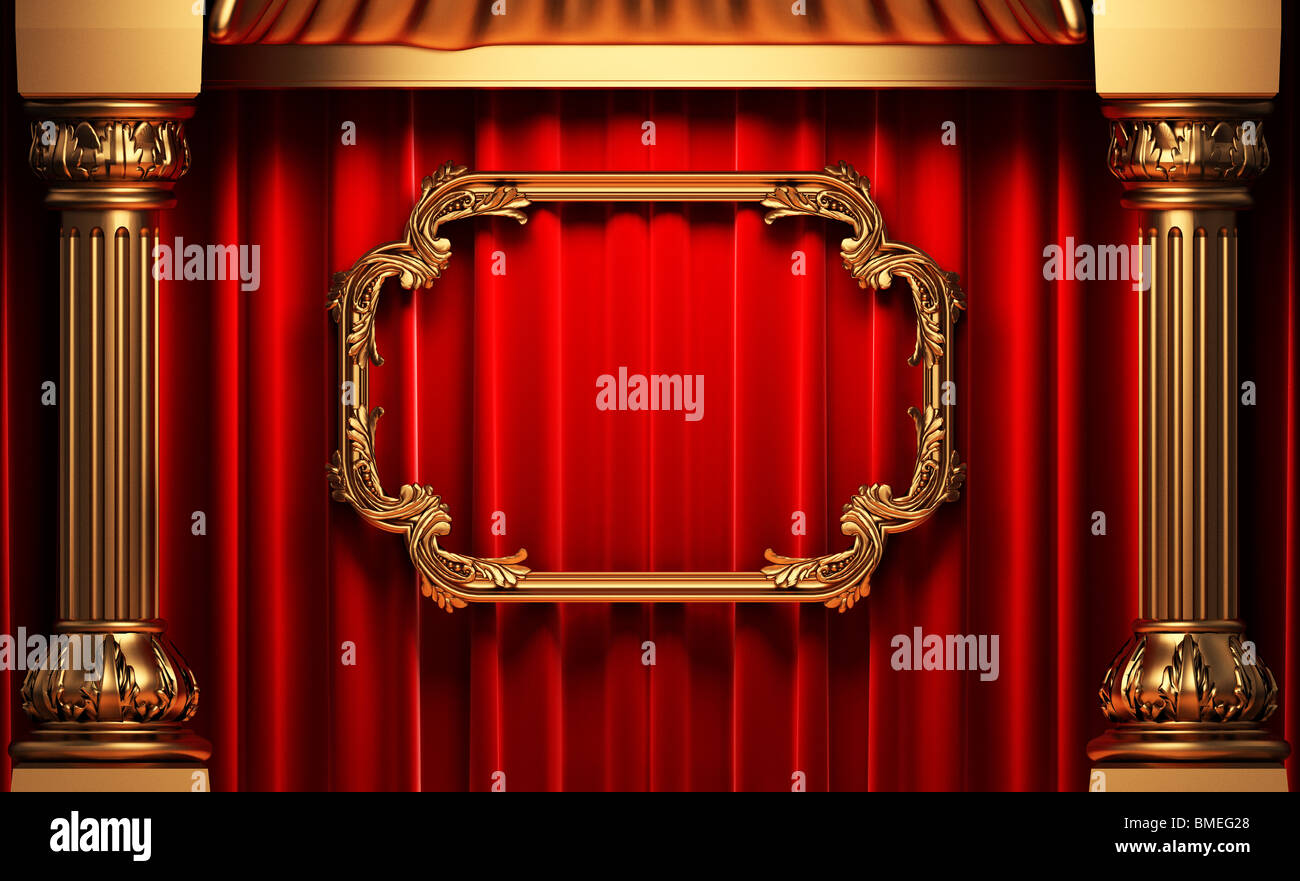 red curtains, gold columns and frame made in 3d Stock Photo - Alamy