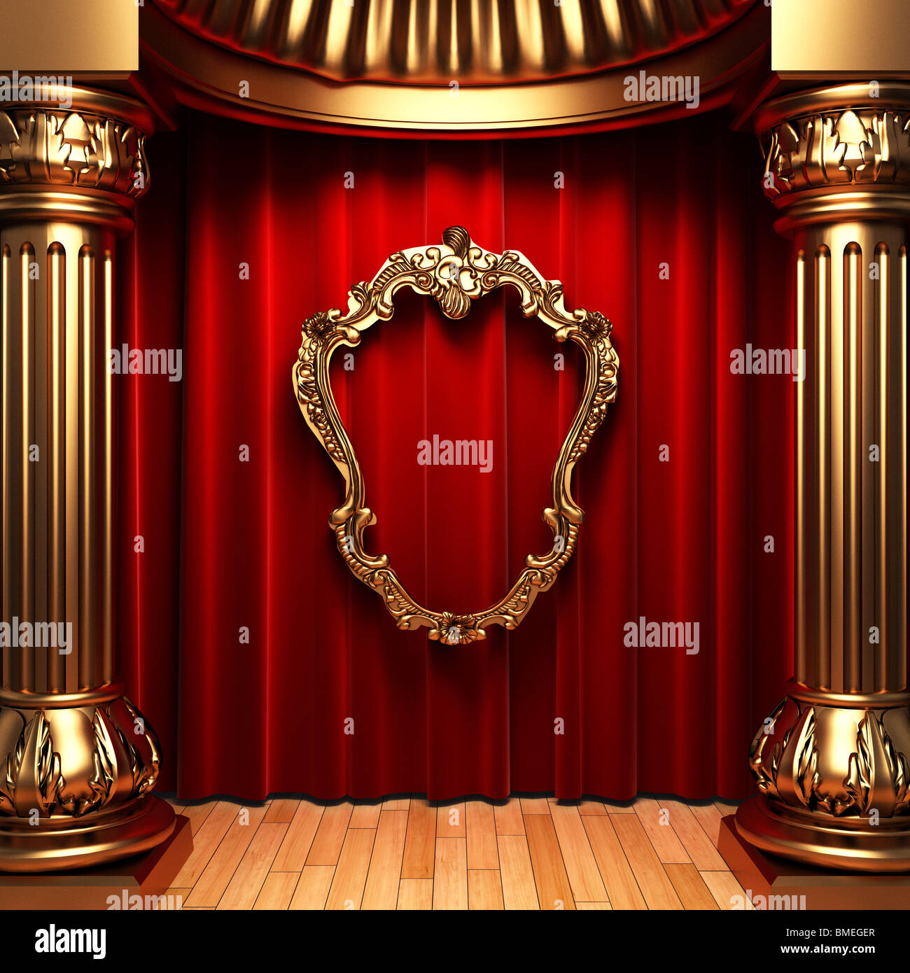 red curtains, gold columns and frame made in 3d Stock Photo - Alamy