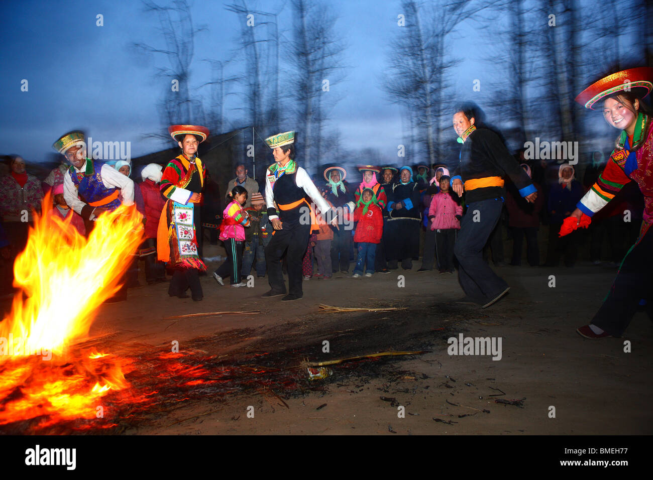 Tu people dancing around a bonfire, Weiyuan, Huzhu Tu Autonomous County ...