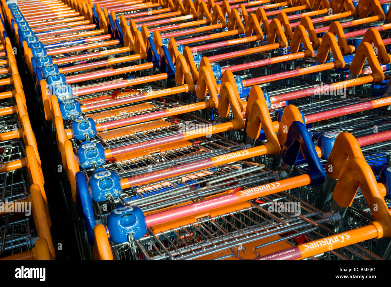 Shopping trollies outside a Sainsburys supermarket in England Stock ...