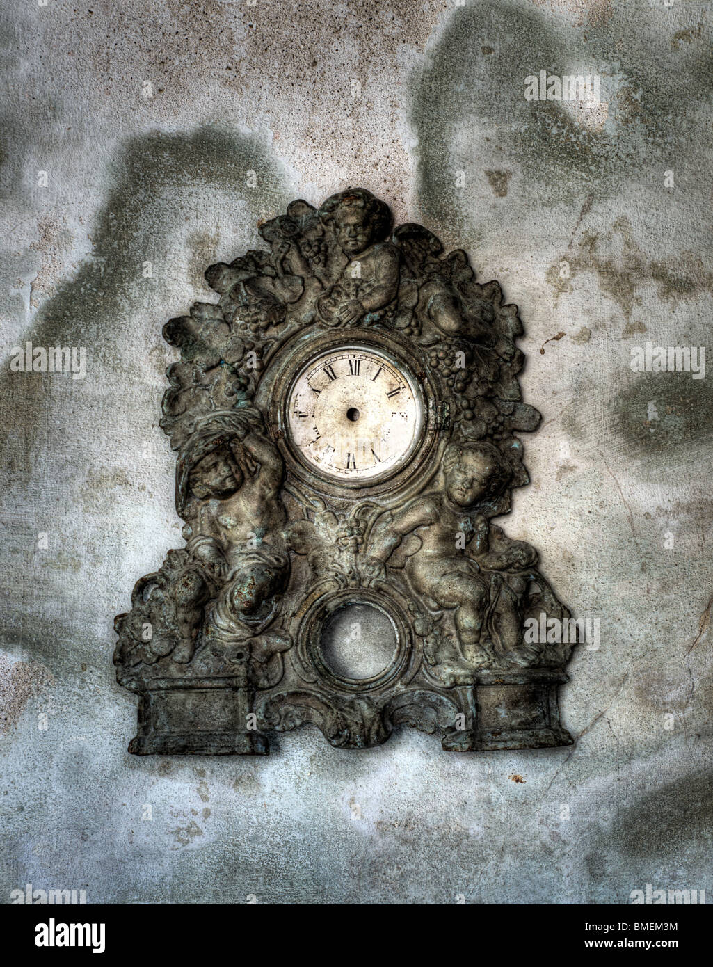 Old clock without pointers represents the infinity of time. HDR ...