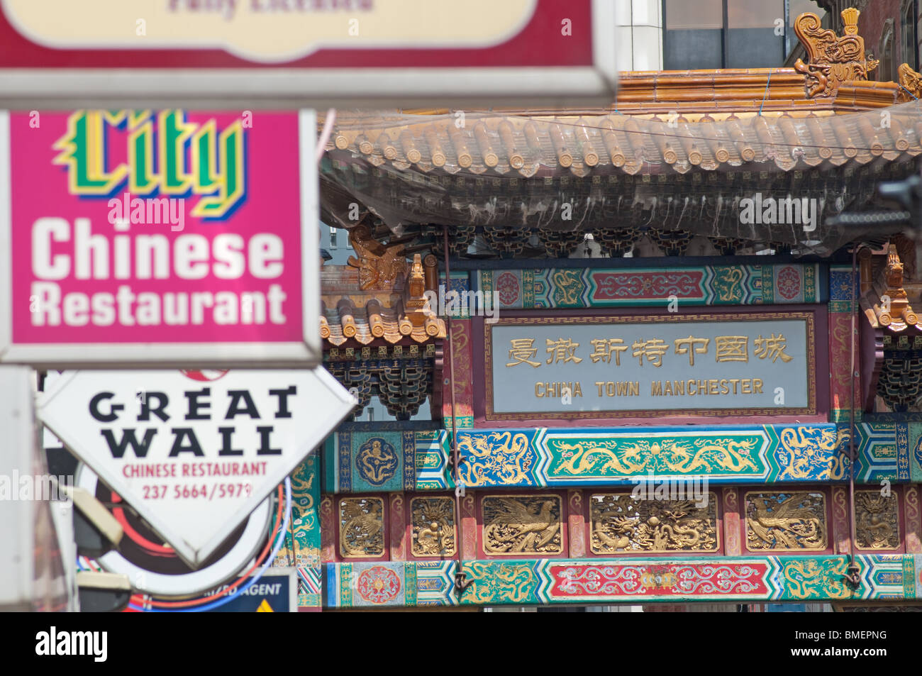 Chinese restaurant signs with Chinese Archway in the background.China ...