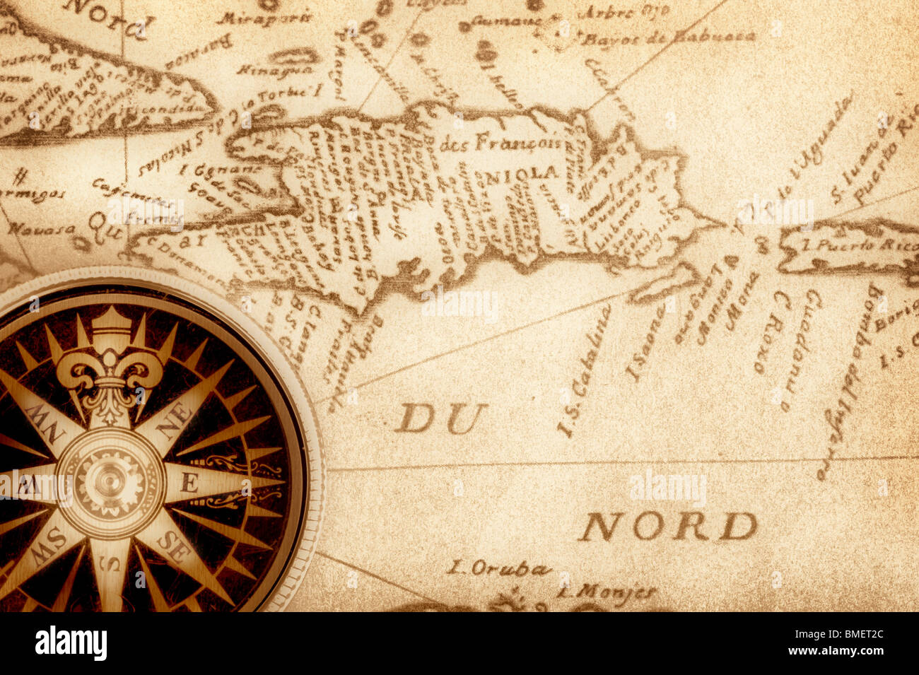 Compass on old handwritten map of Haiti Stock Photo - Alamy