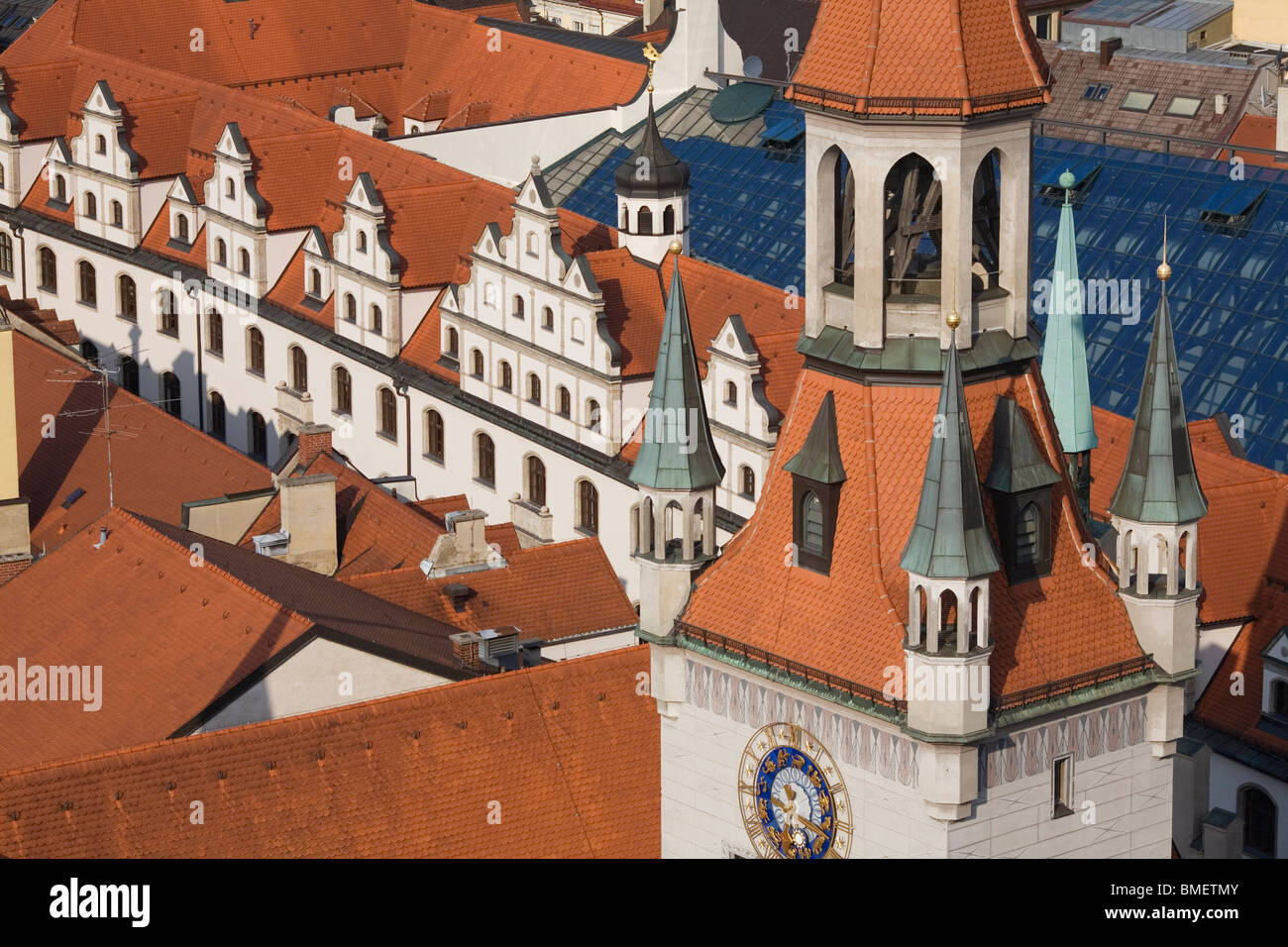 View of the Altes Rathaus and city of Munich from the 92 meters (301 ...