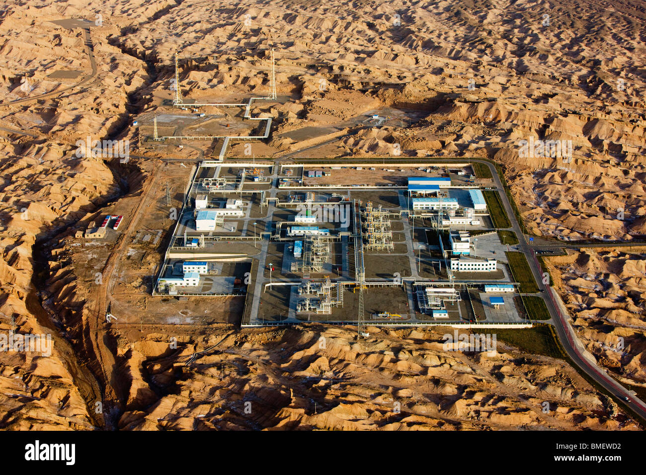 Aerial view of a factory in Lunnan Field, Tarim Basin, Bayingolin ...