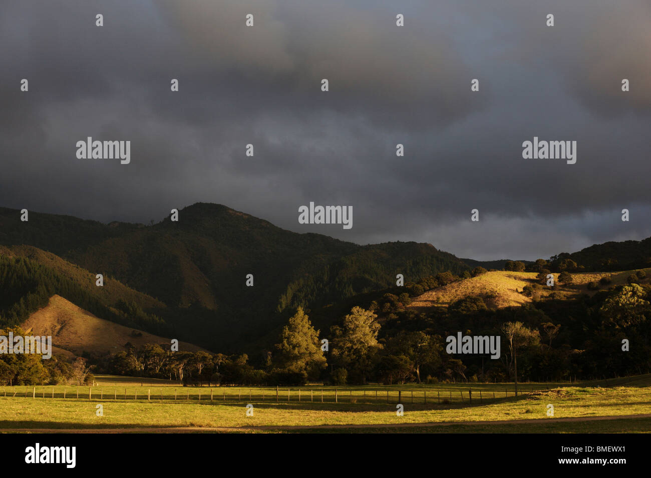 Sunset and a dramatic sky over landscape in the Coromandel Peninsula in ...