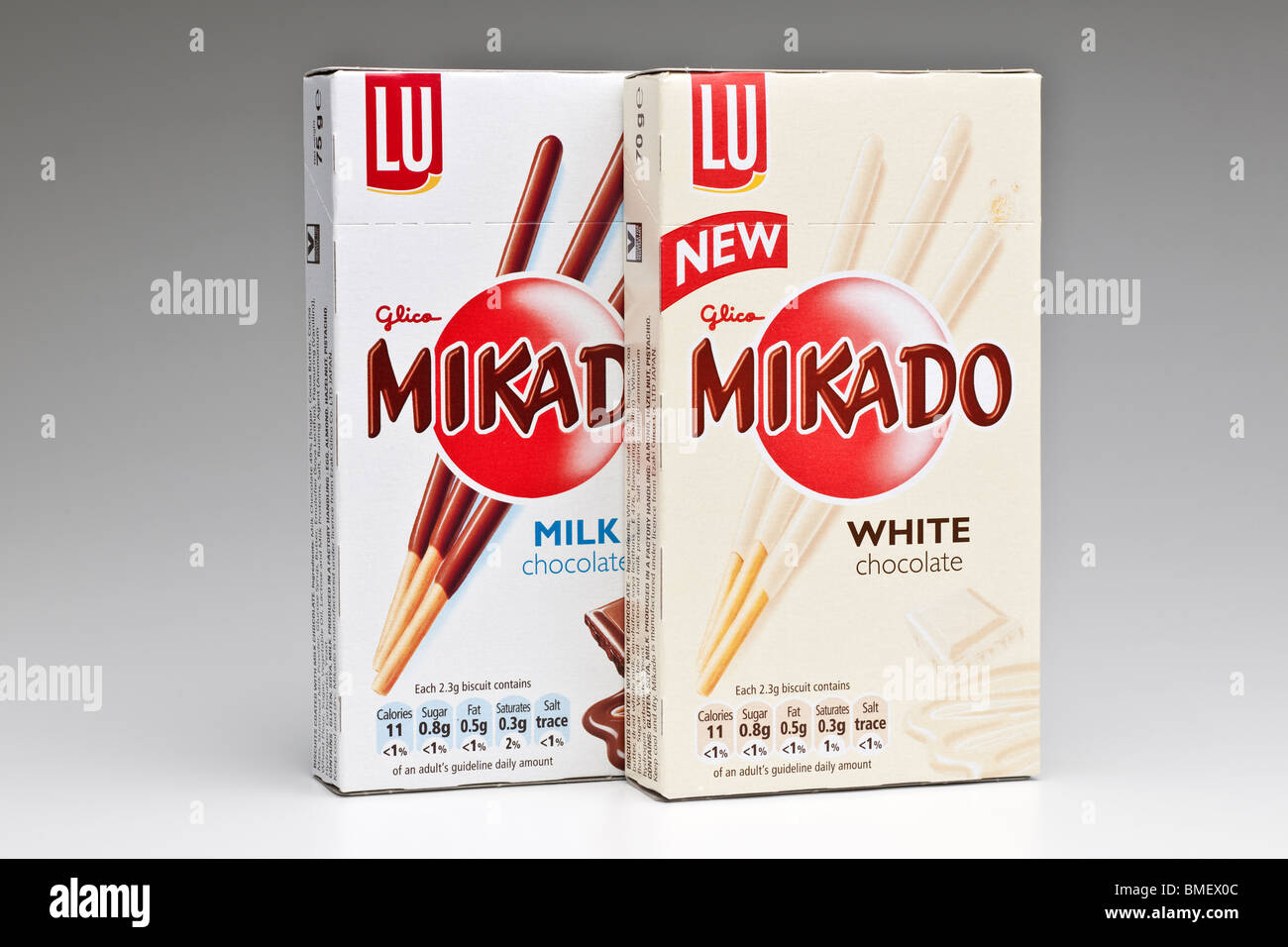 Two boxes of Mikado new white and milk chocolate biscuit sticks Stock ...
