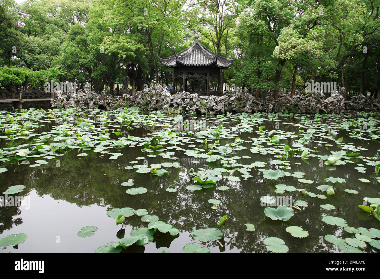 View of waterside pavilion in Xiao Lian Lotus Villa, Nanxun District ...