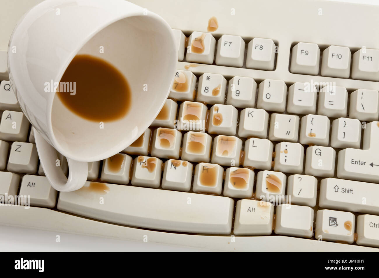 Coffee and damaged computer keyboard close up Stock Photo - Alamy