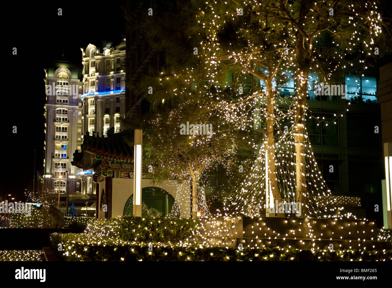 Trees decorated with lights on Christmas Eve, Beijing, China Stock ...