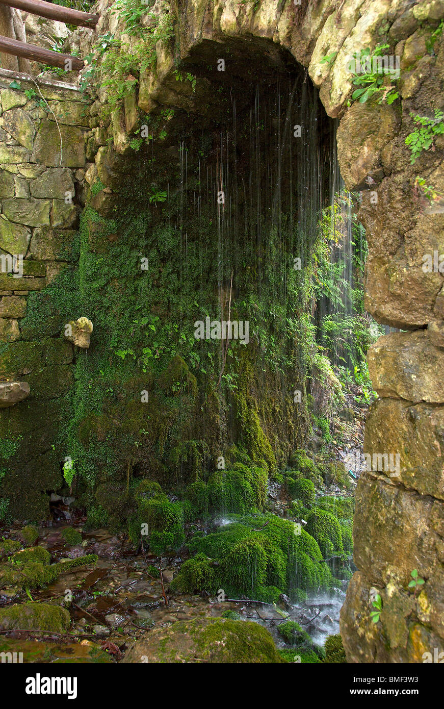 Stone arch with spring water cascading over moss covered rocks ...