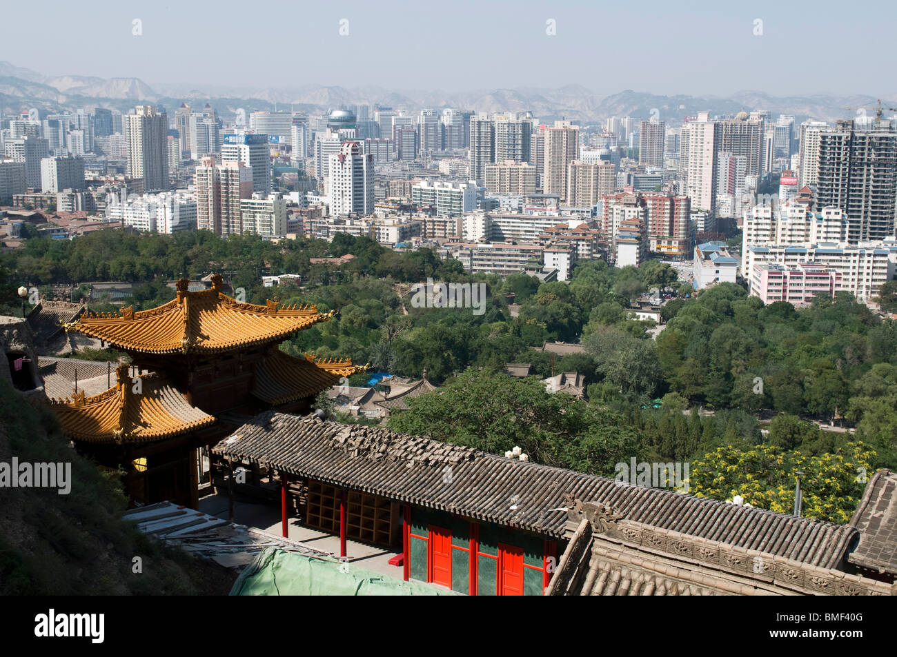 View from Baita Mountain towards skyscrapers, Lanzhou, Gansu Province ...