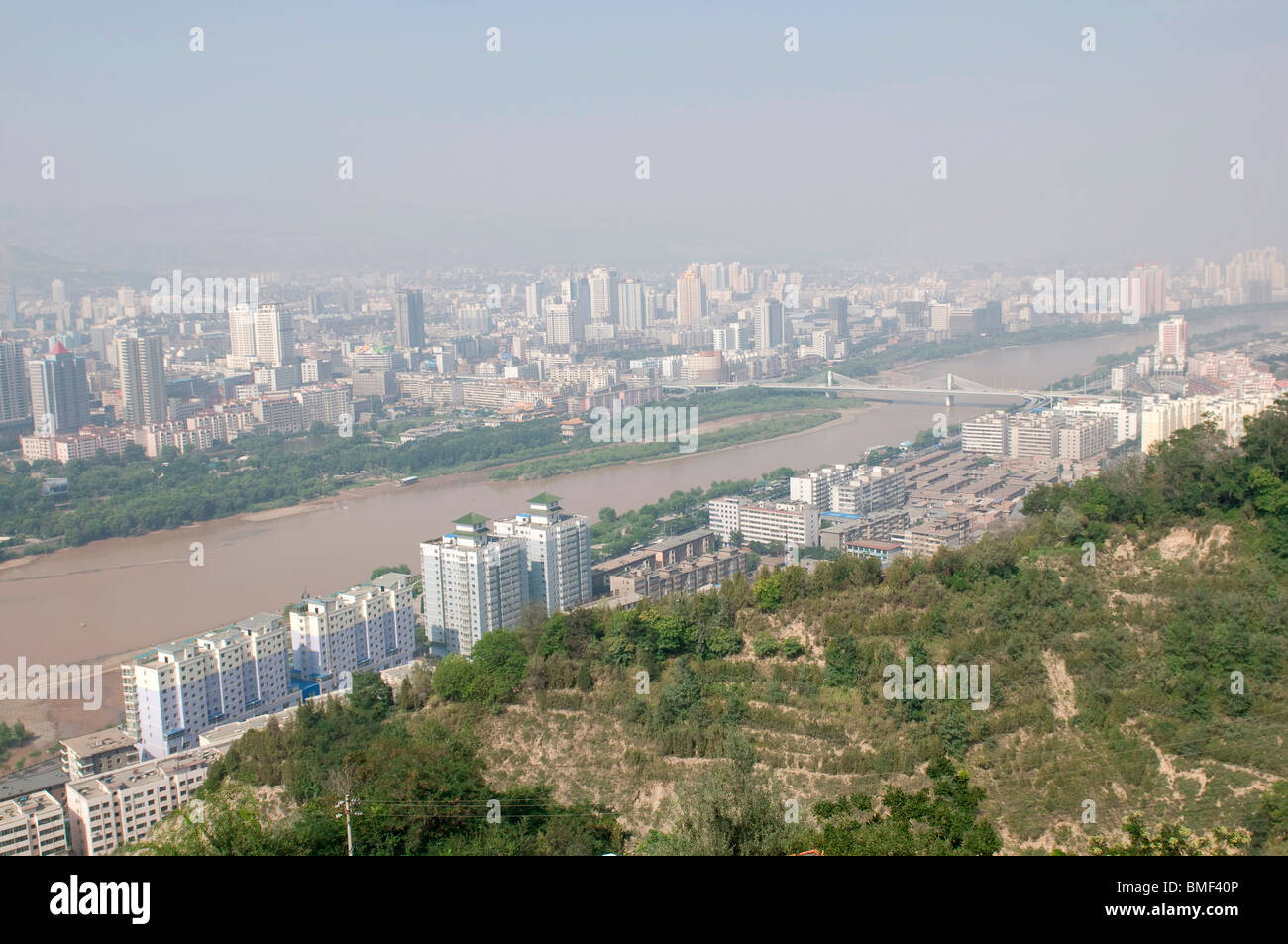 View from Baita Mountain towards Yellow River, Lanzhou, Gansu Province ...