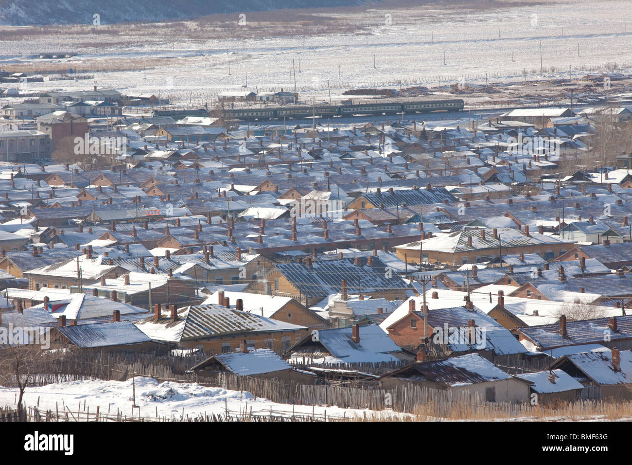 Small village covered in snow, Hailar, Hulunbuir, Inner Mongolia ...