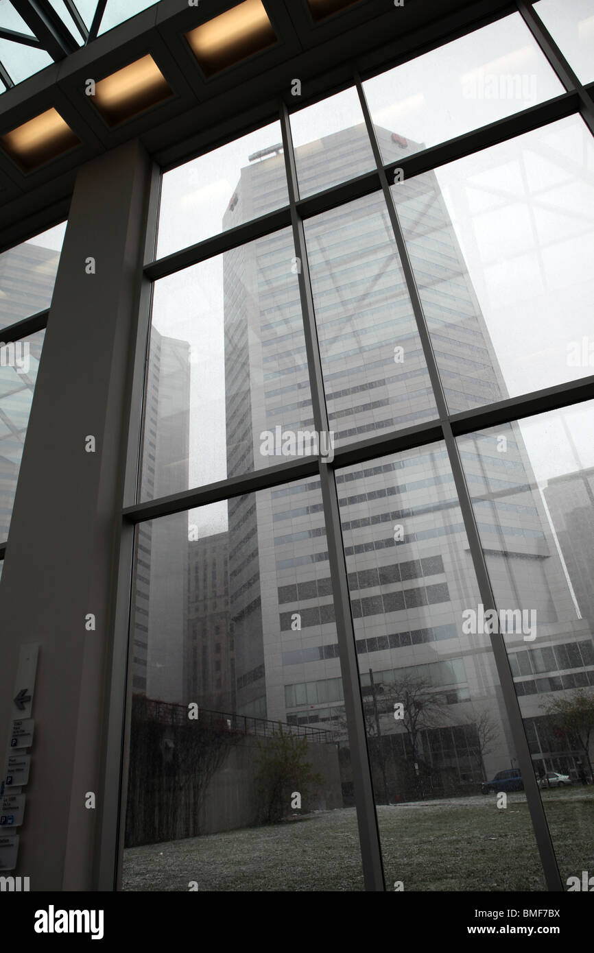 View of modern building through window of metro station - Montreal ...
