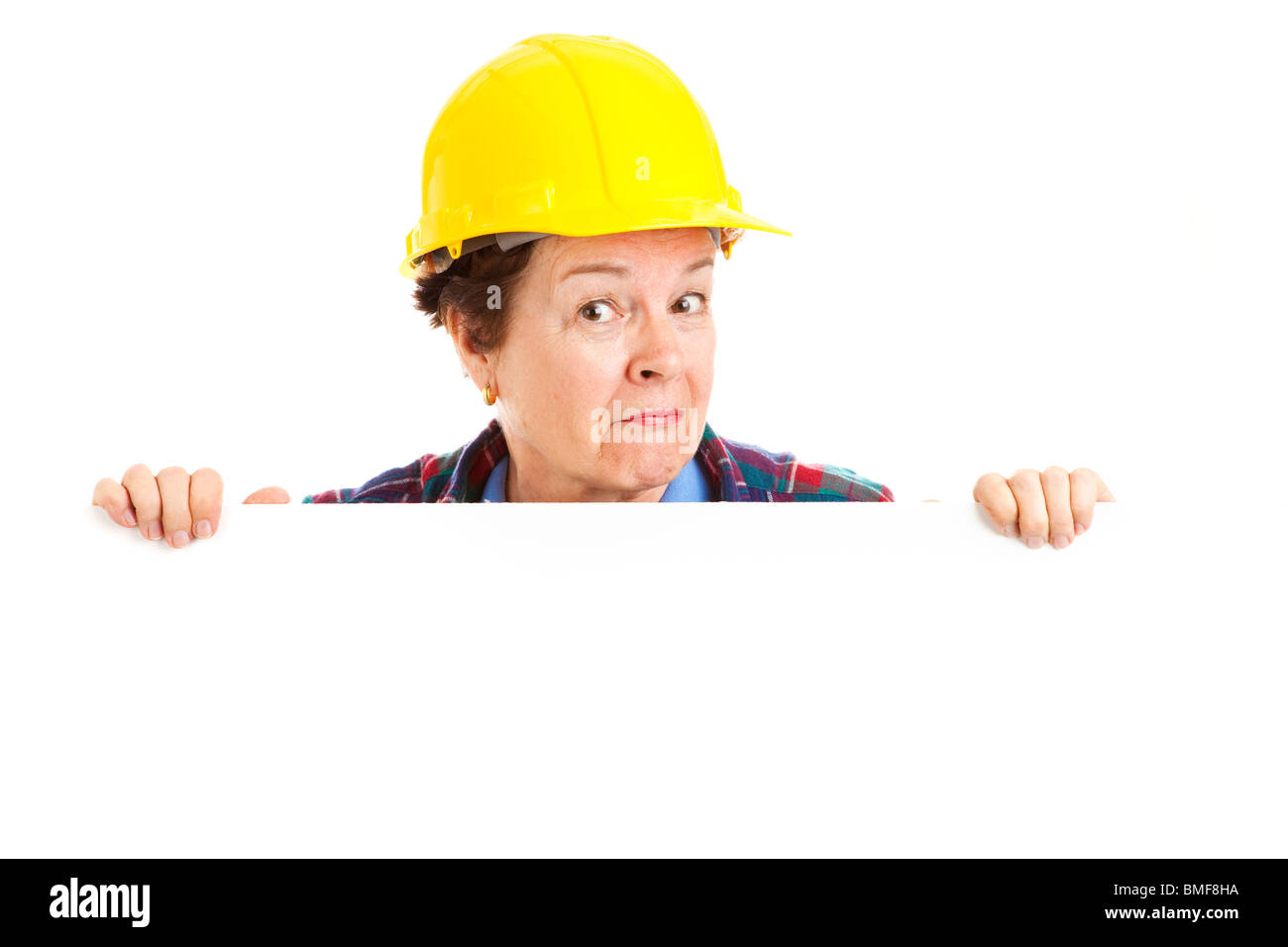 Female construction worker peeking over a blank sign. Design element ...