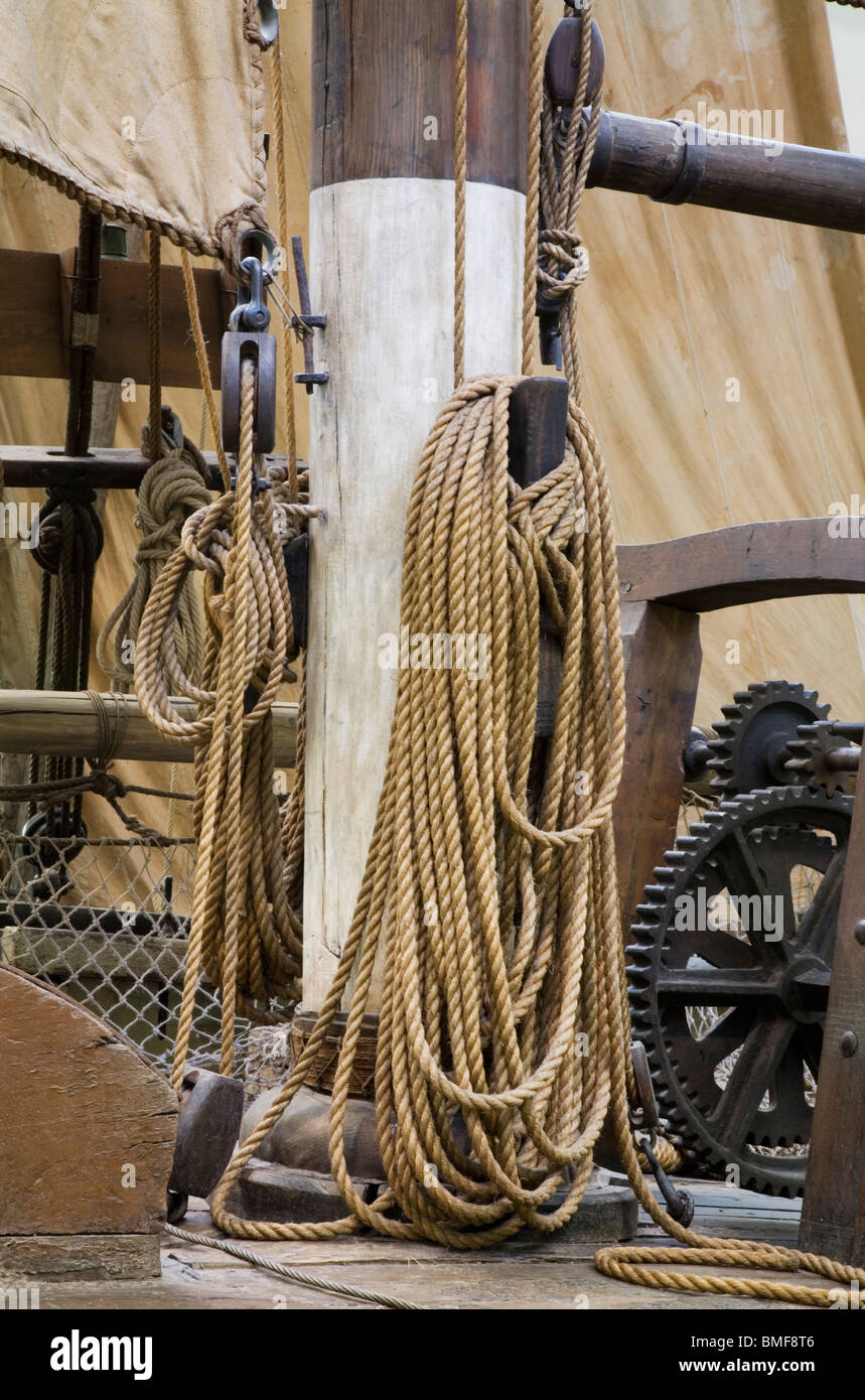 Details, rope coils, lifesaver, main mast and parts of the main deck of ...