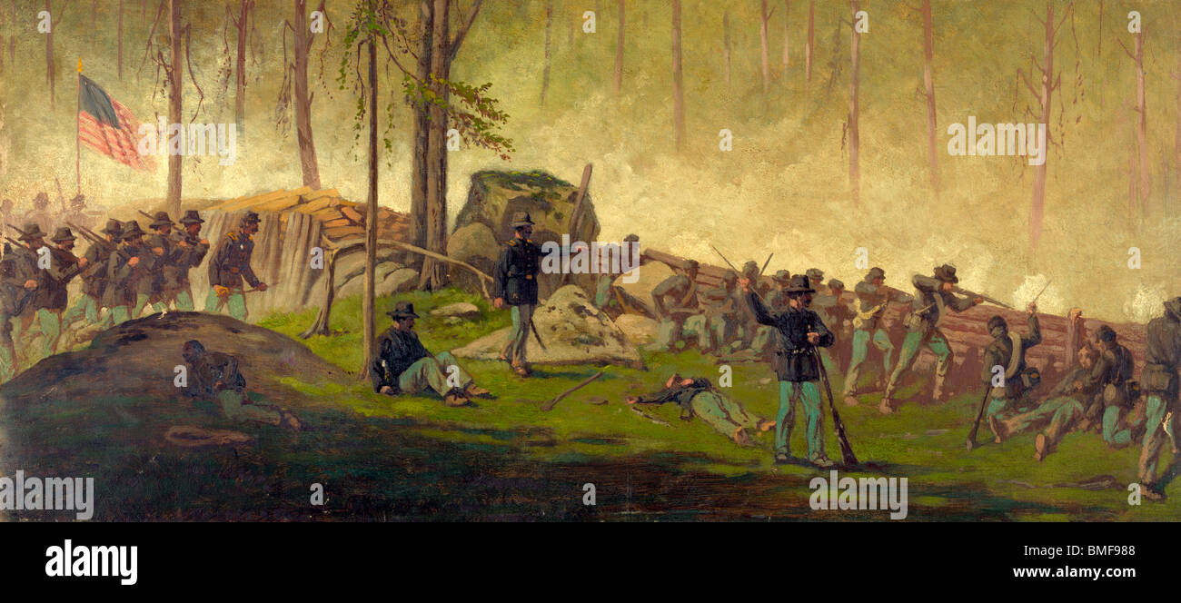 Scene behind the breastworks on Culps Hill, morning of July 3rd 1863 ...