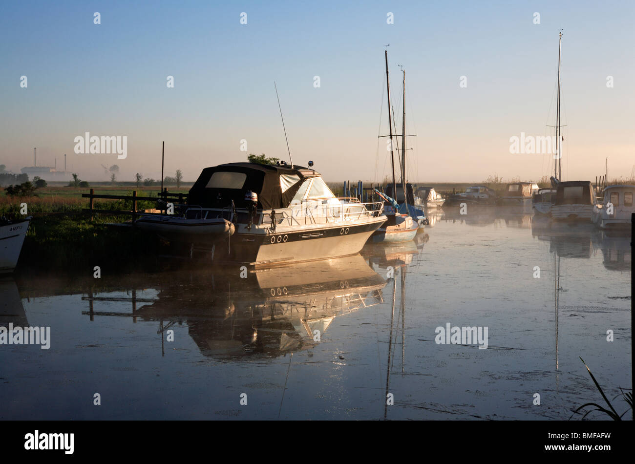 Moored pleasure craft at Hardley Staithe, Norfolk, England, in early ...