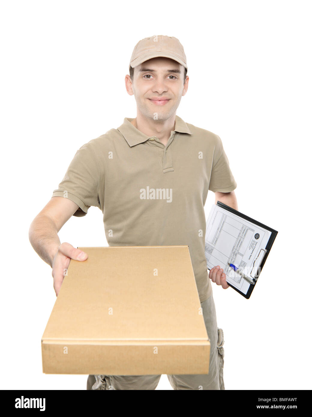 A delivery man bringing a package and holding out a clipboard Stock ...