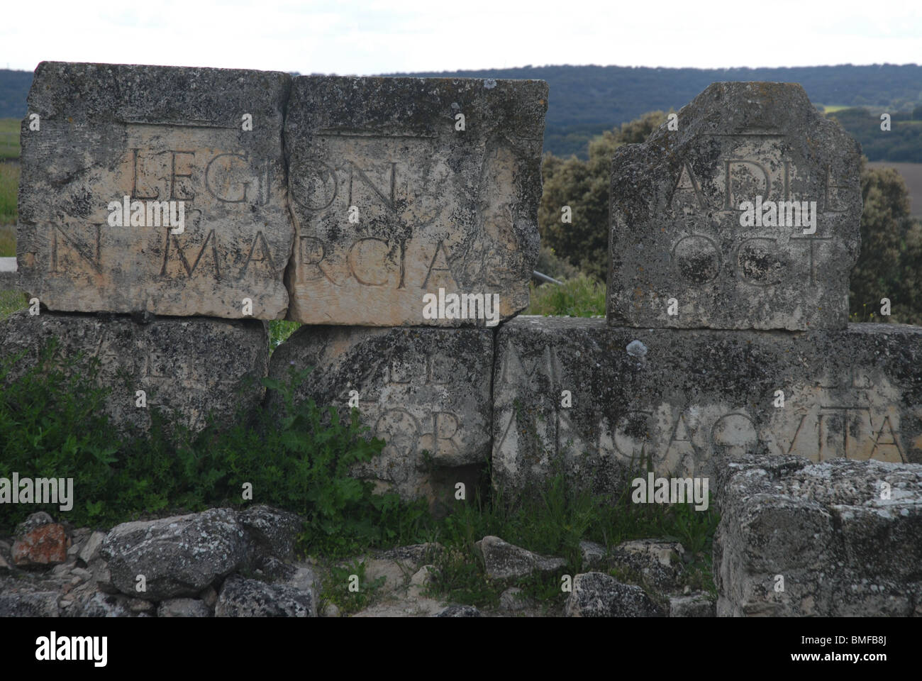 detail of latin inscription in stone, Roman ruins of Segobriga, near ...