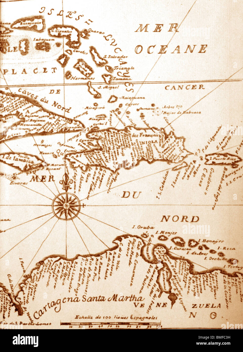 Handwritten ancient map of Caribbean basin from the book of 1678 Stock ...