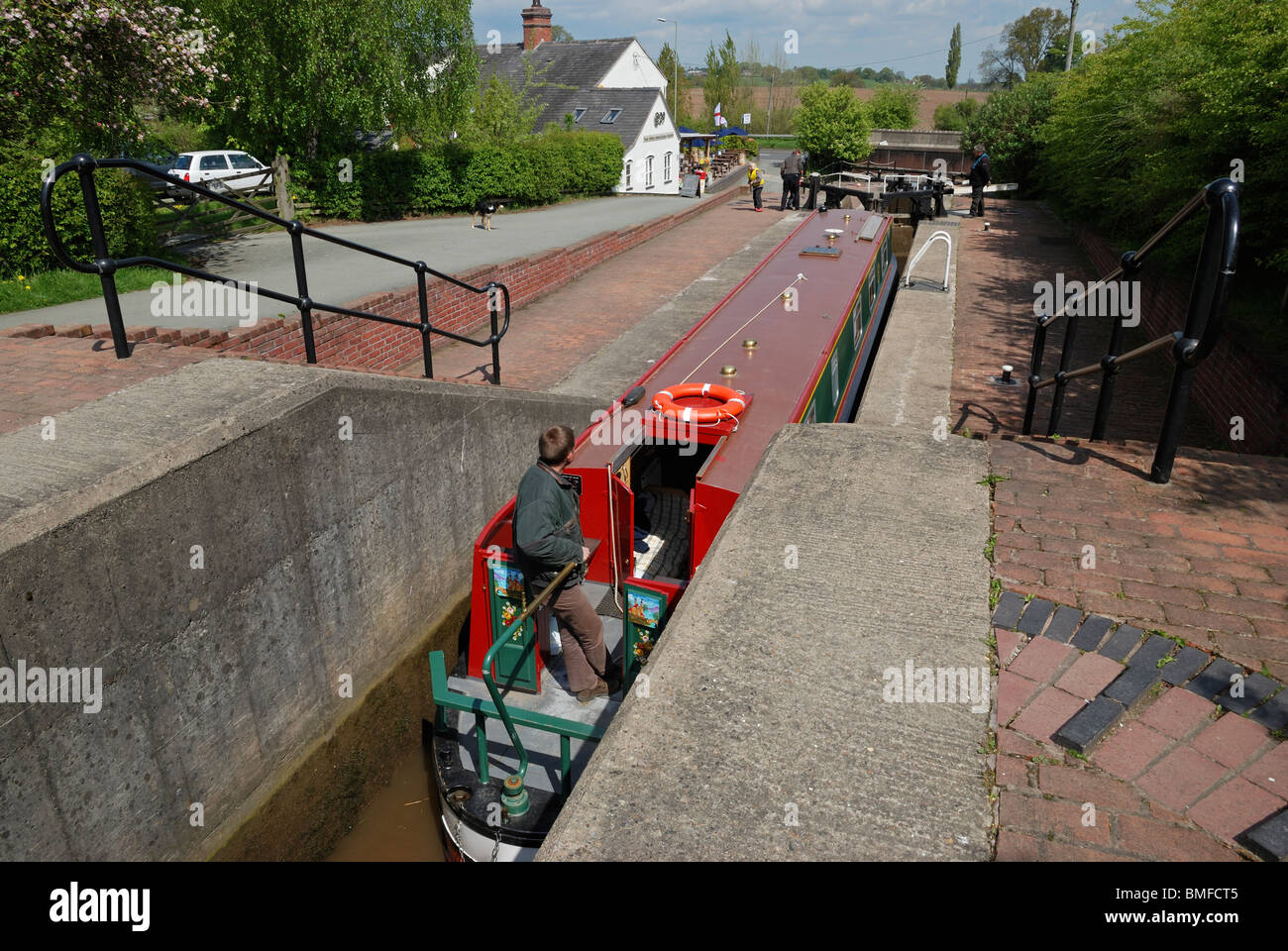 A narrow boat negotiating the Grindley Brook staircase lock on the ...