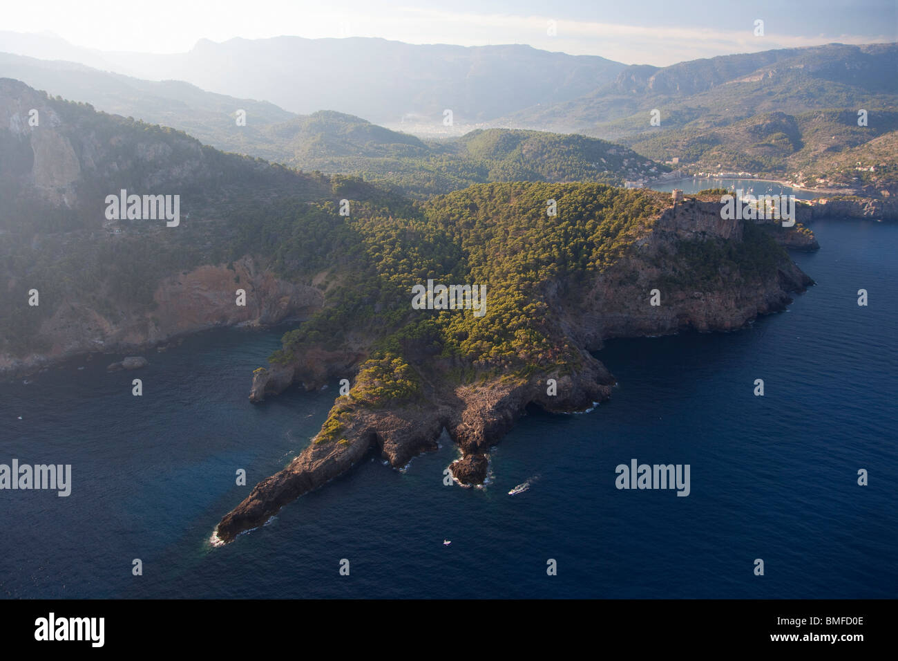 Aerial view of northern coastline of Soller Majorca in early morning ...