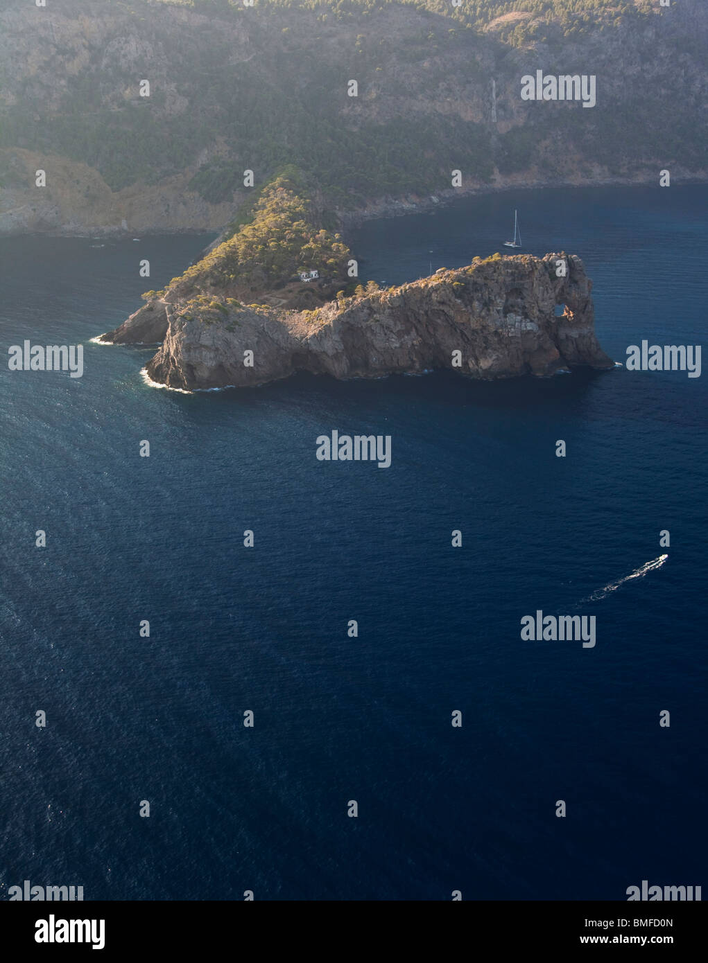 Aerial view of northern coastline of Majorca Sa Foradada in early ...