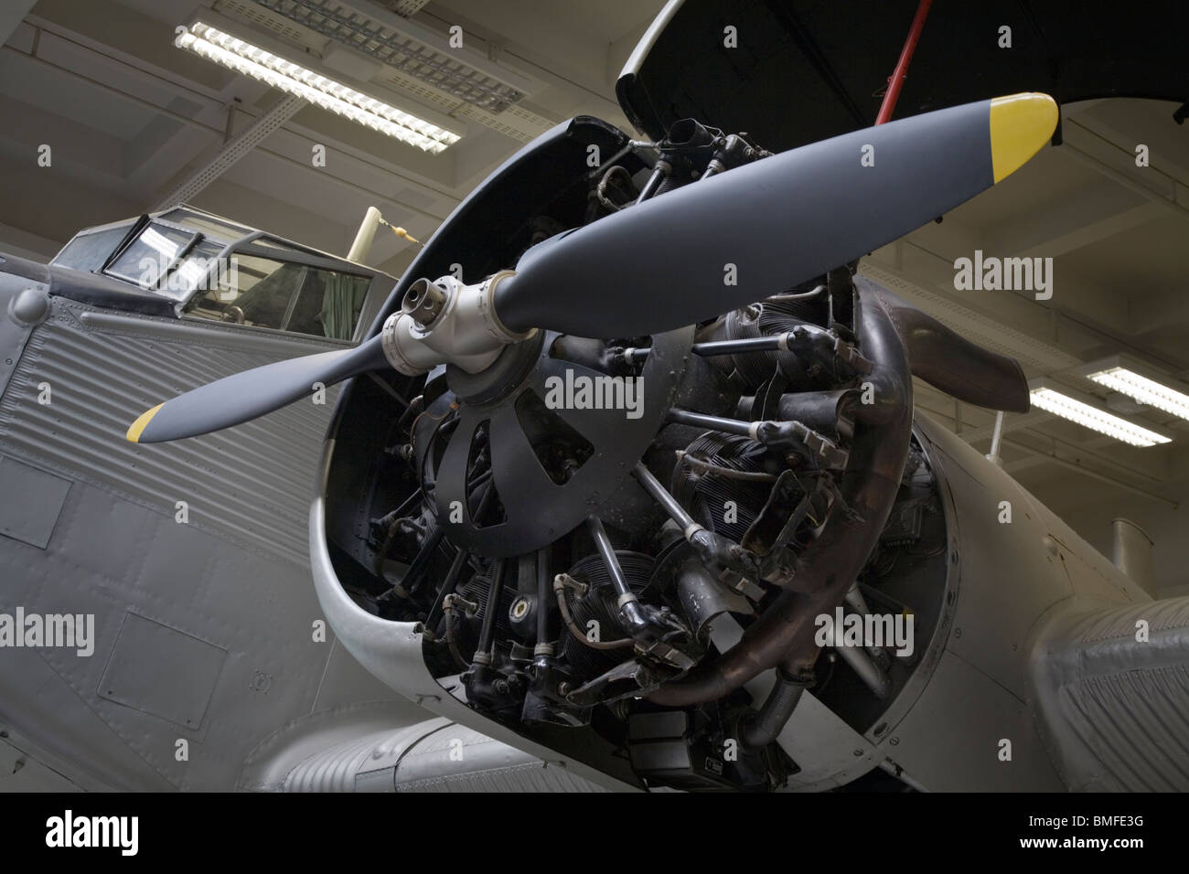 Detail of the propeller and motor of a Junkers Ju 52/3m trimotor plane ...