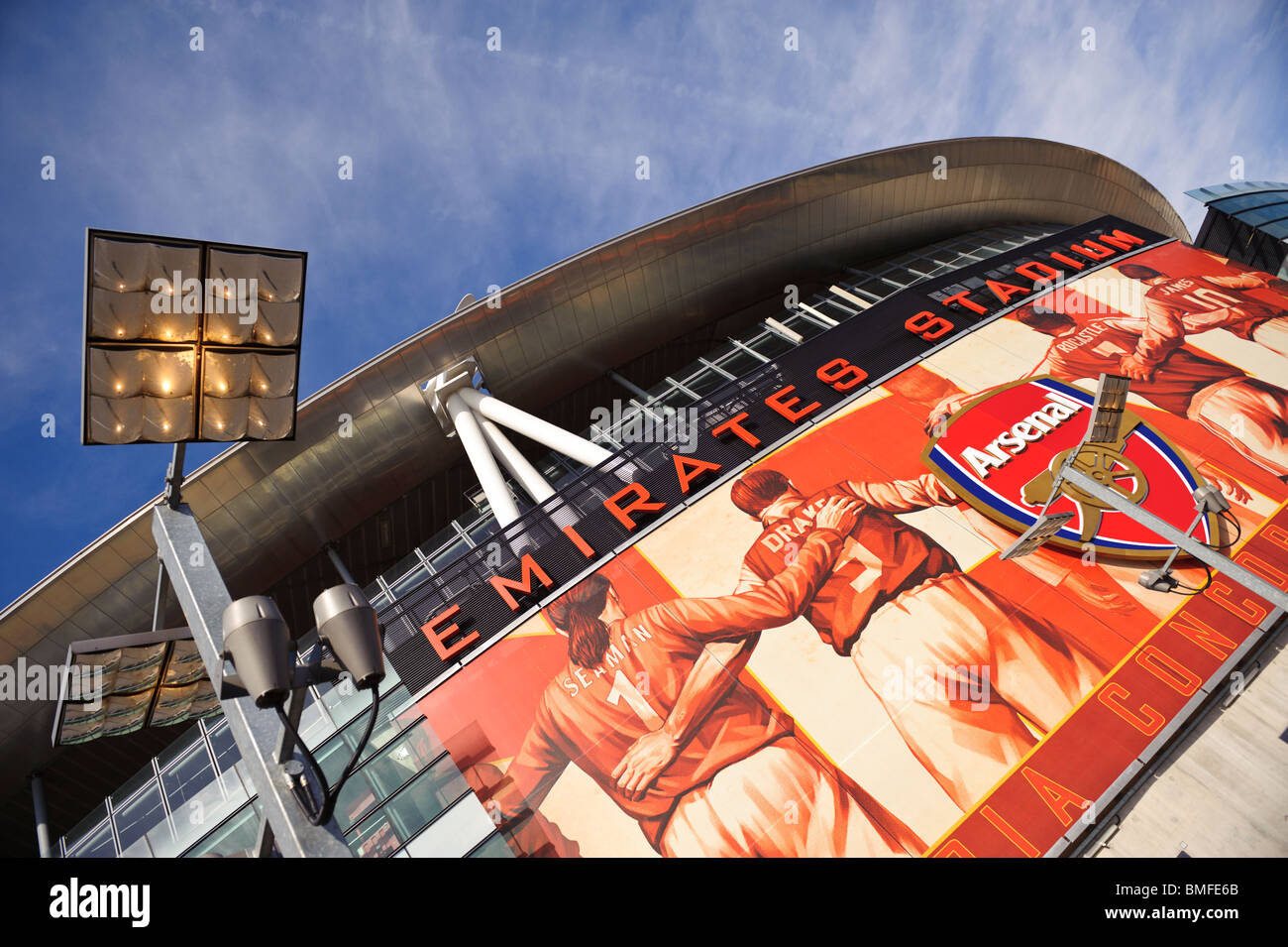 View of the Emirates Arsenal stadium showing signage and shield with ...