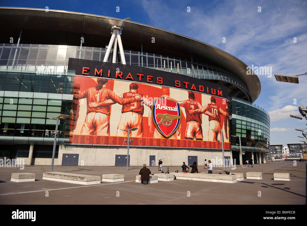 View of the Emirates Arsenal stadium showing signage and shield with ...