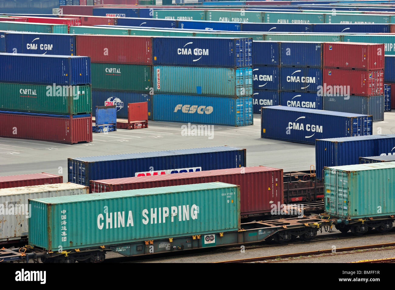 Stacked containers in the container terminal at the Port of Zeebrugge ...
