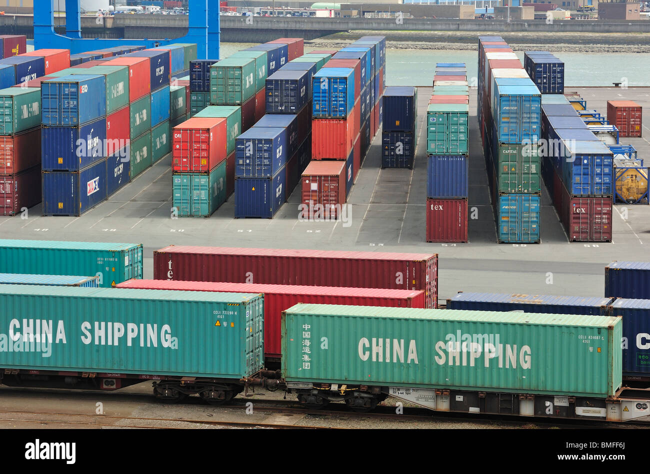 Stacked containers in the container terminal at the Port of Zeebrugge ...
