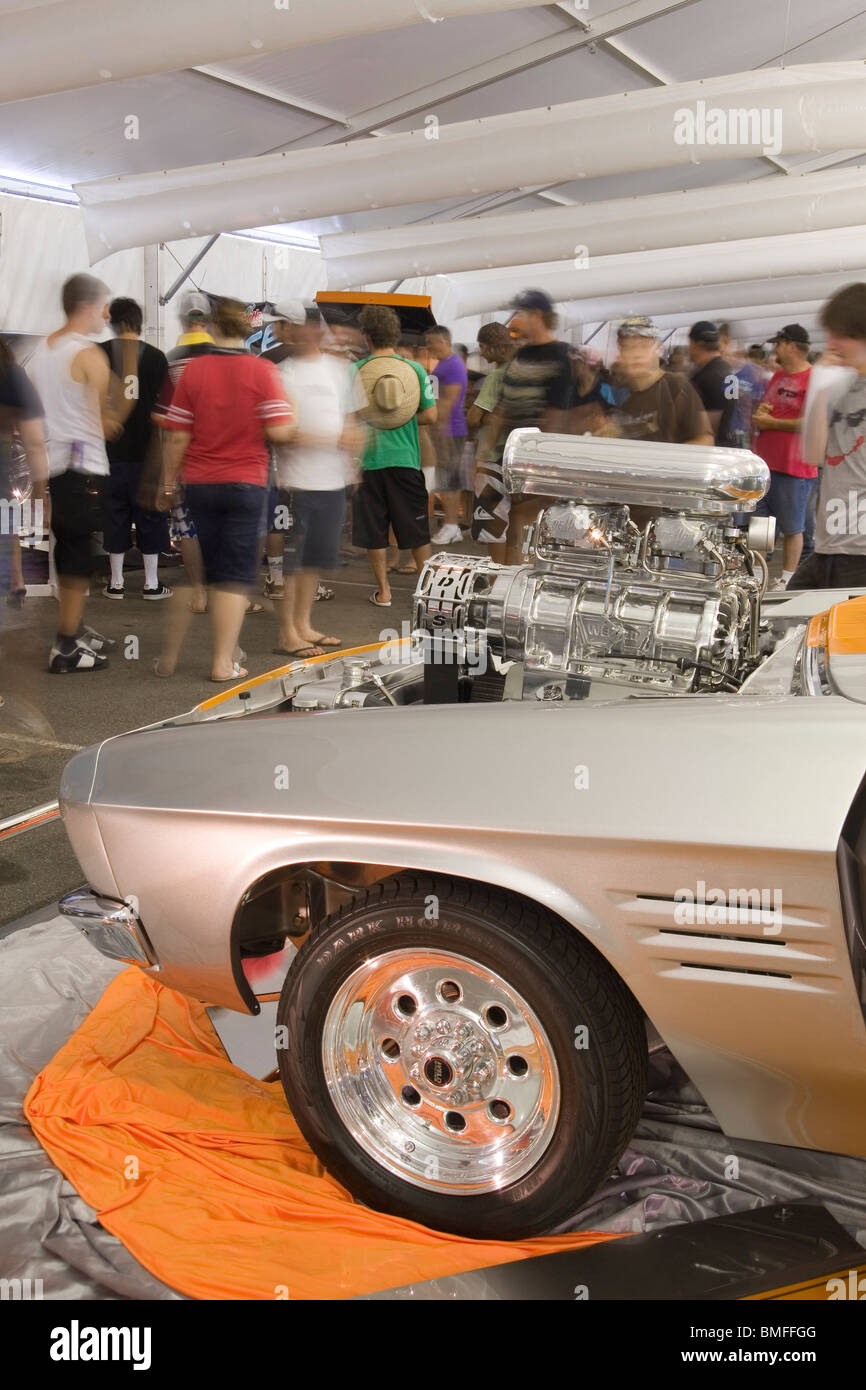 Close up of a supercharged Holden V8 engine in a show car on display at ...