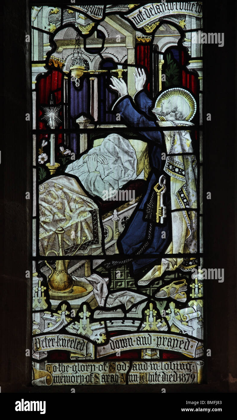 A stained glass window depicting The Story of Dorcas, or Tabitha (Acts ...