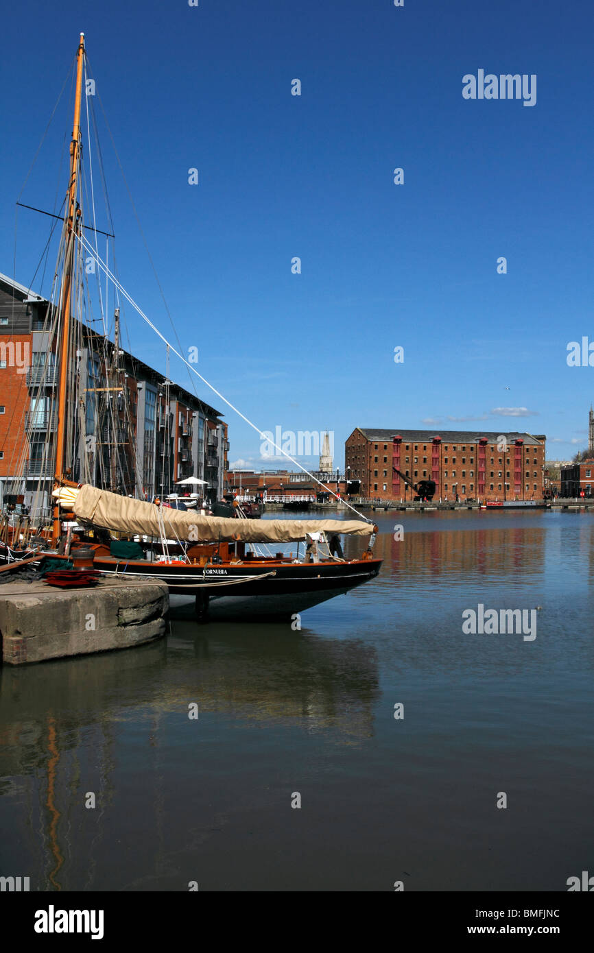 Gloucester Historic docks with old sailing boat in the foreground and ...