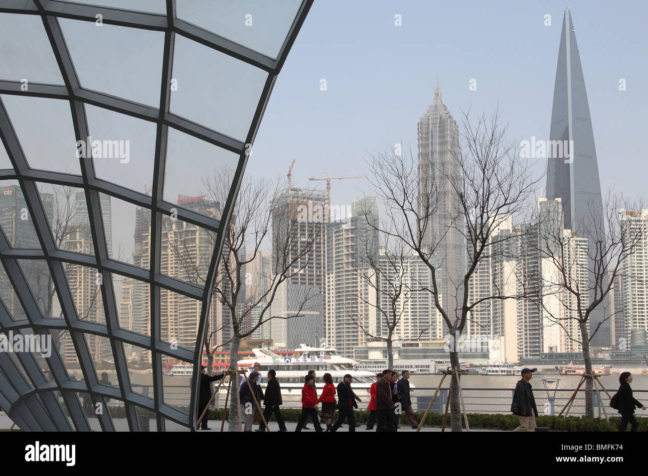 View of skyscrapers in Pudong from Bin Jiang Avenue, Shanghai, China ...