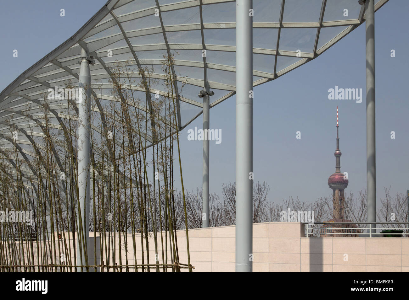 Sheltered walkway on Bin Jiang Avenue and skyscrapers in Pudong, Pudong ...