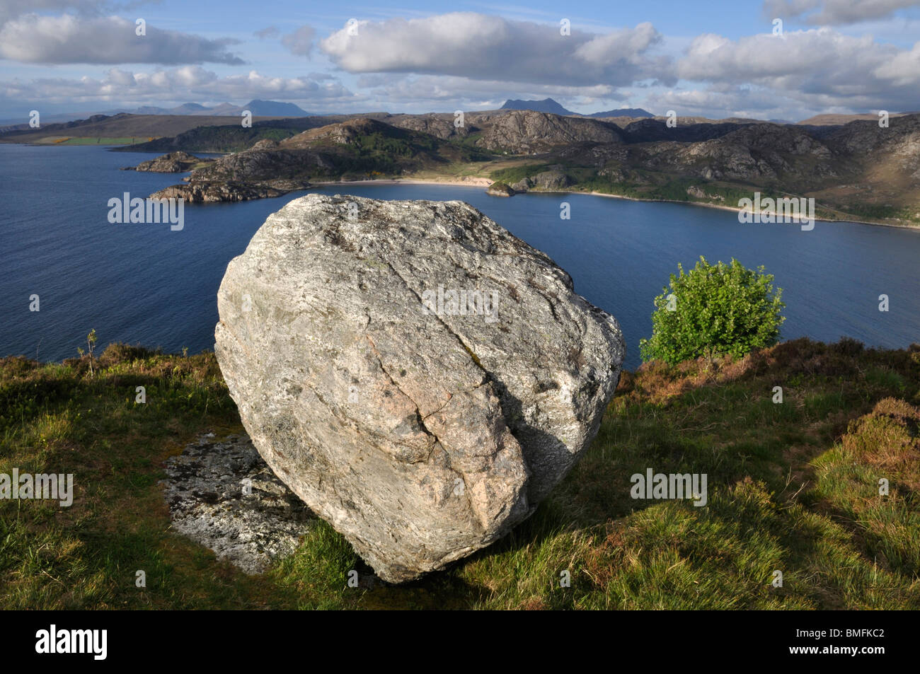 Boulder on hill above Gruinard Bay near Little Gruinard, Scotland Stock ...