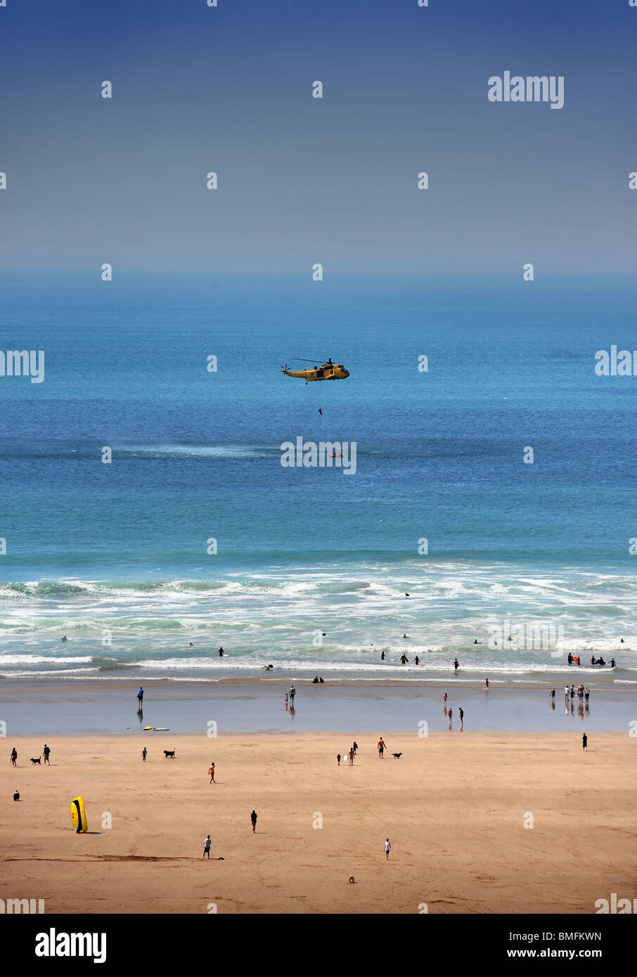 A coast guard helicopter in a training exercise off Woolacombe beach in ...