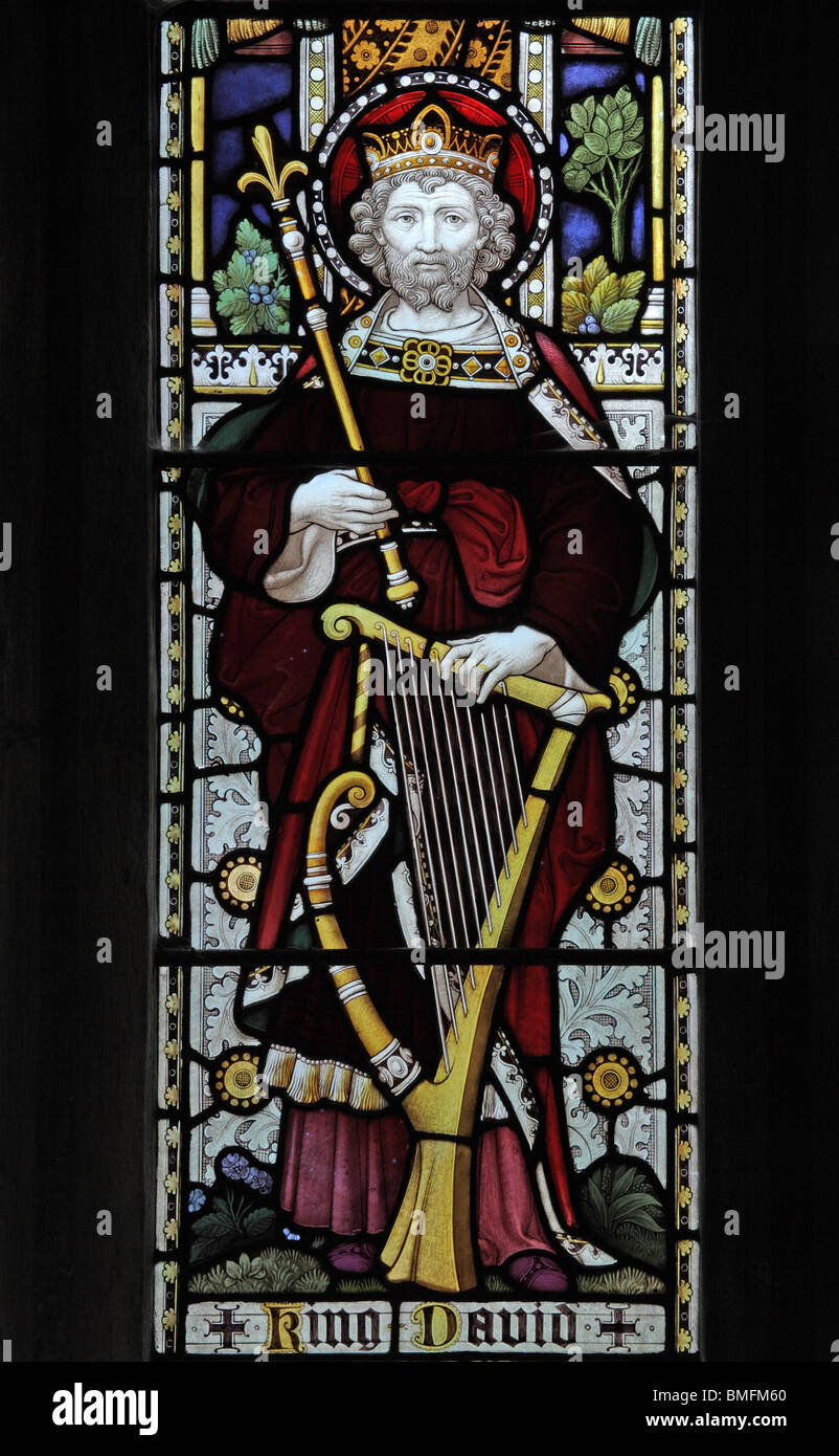 A stained glass window by Clayton & Bell depicting King David with a ...