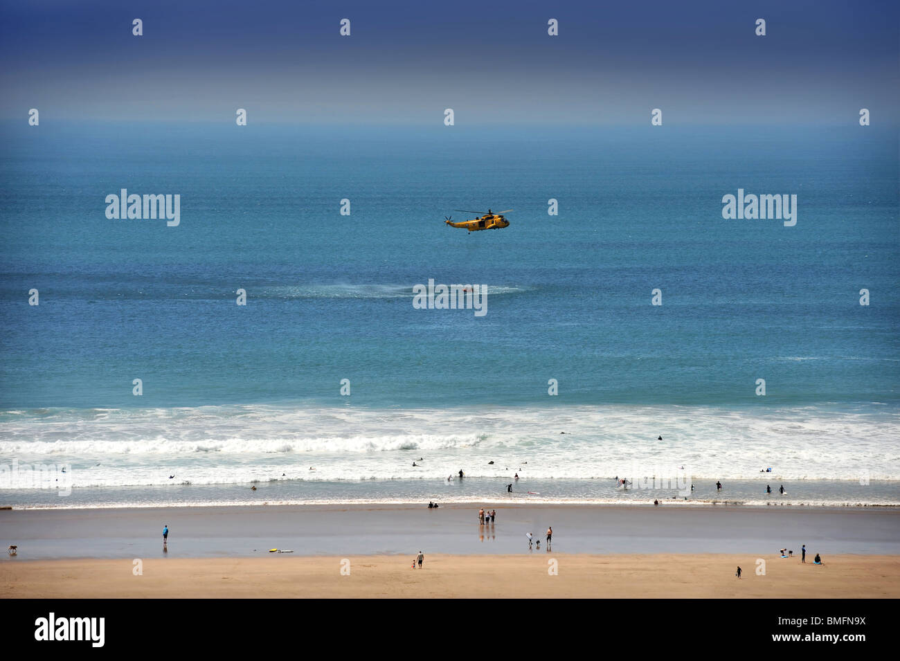 A coast guard helicopter in a training exercise off Woolacombe beach in ...