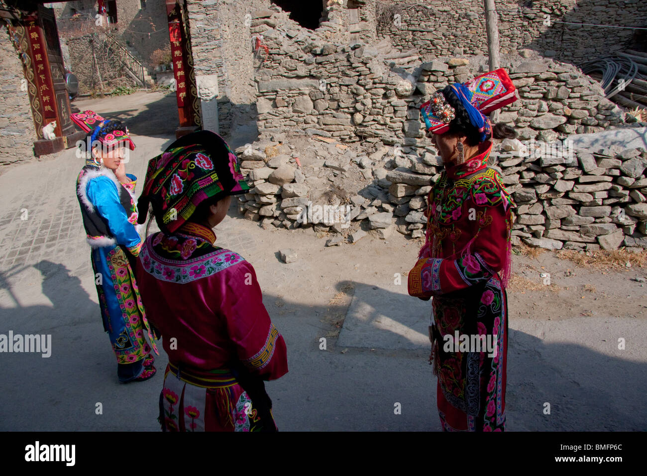 Qiang young women in traditional costume, Yingxiu, Wenchuan, Sichuan ...