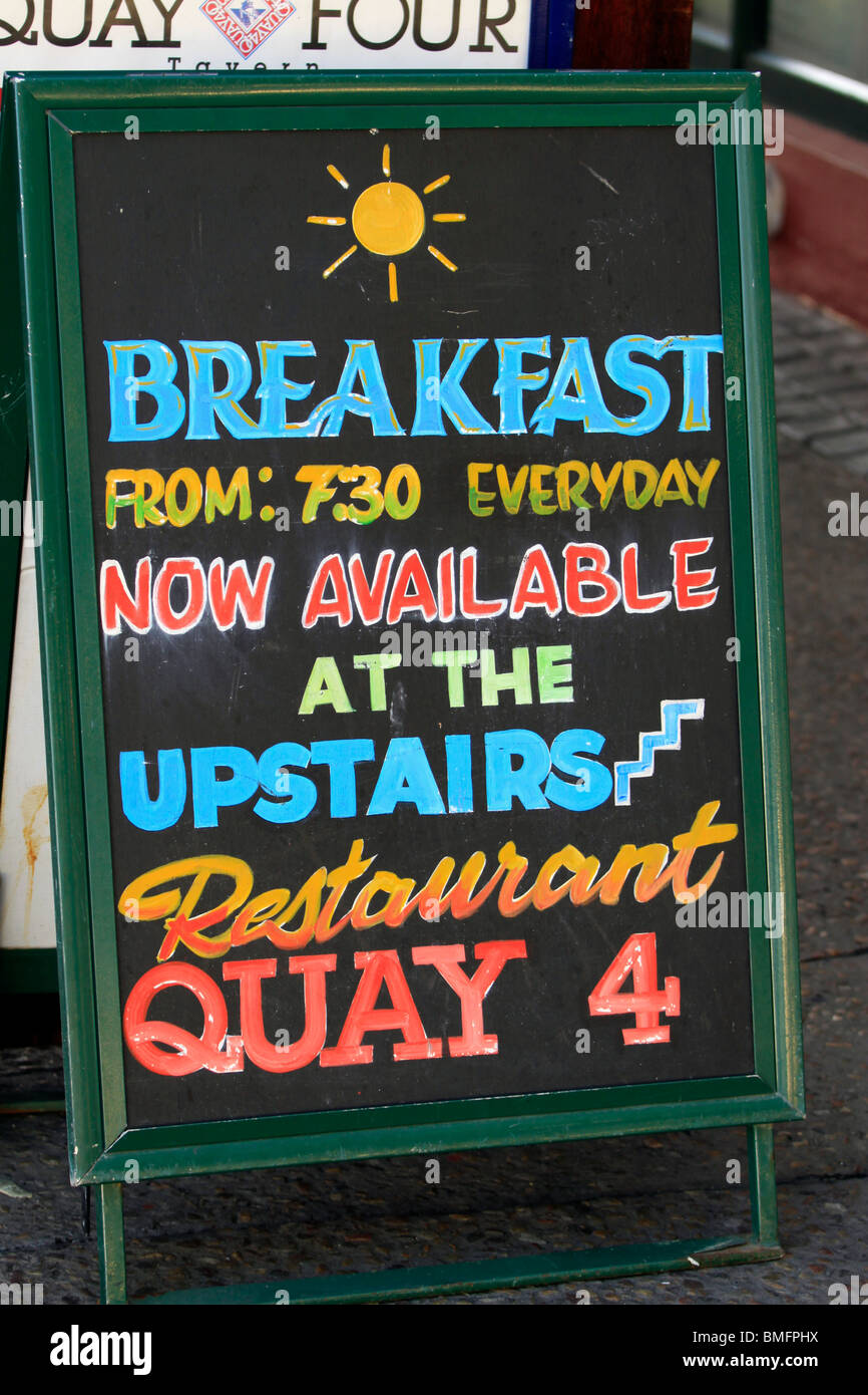 Sign advertising breakfast at Quay 4 restaurant, V&A Waterfront, Cape ...