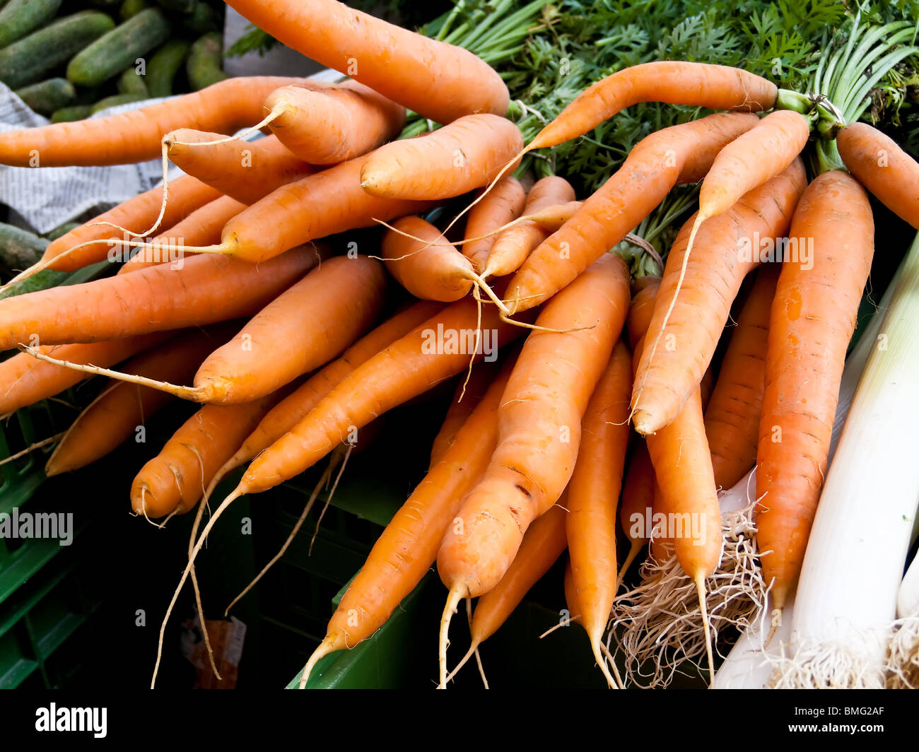 A bunch of fresh carrots on a market for sale Stock Photo - Alamy