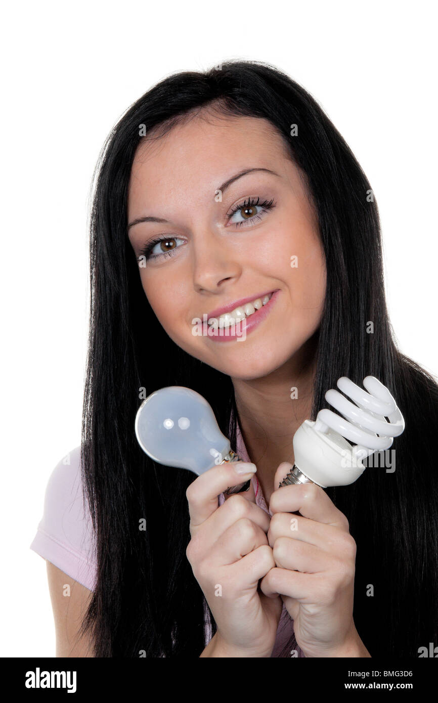 Women with energy-saving lamp. Energy lamp and bulb Stock Photo - Alamy
