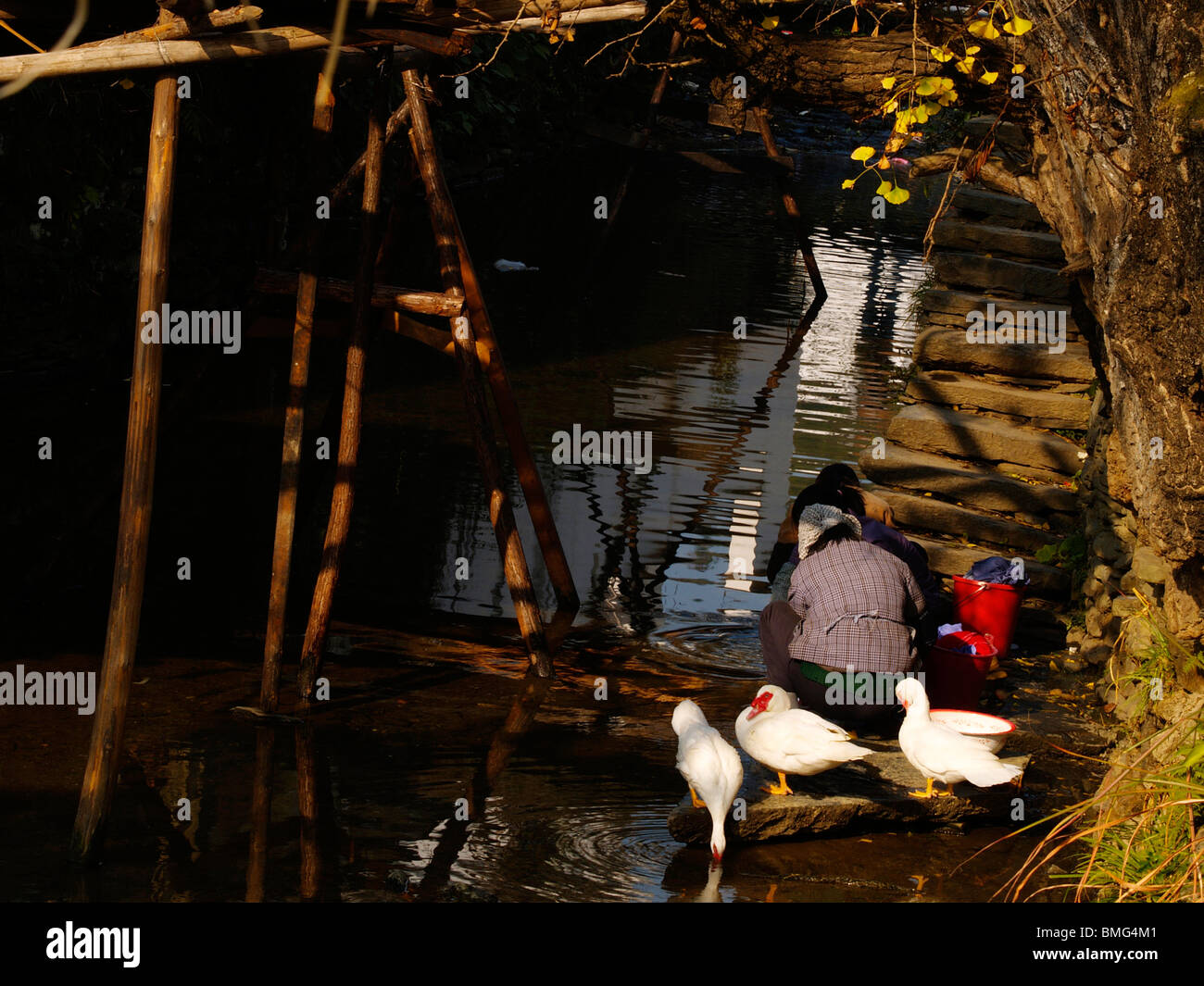 Chinese women washing cloth beside river, Wuyuan, Jiangxi Province ...