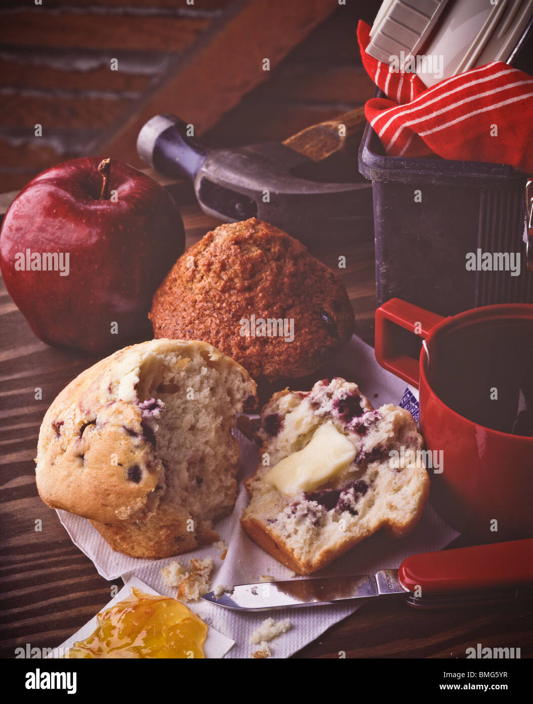 Industrial construction workers lunch pail snack fruit pastry bread ...