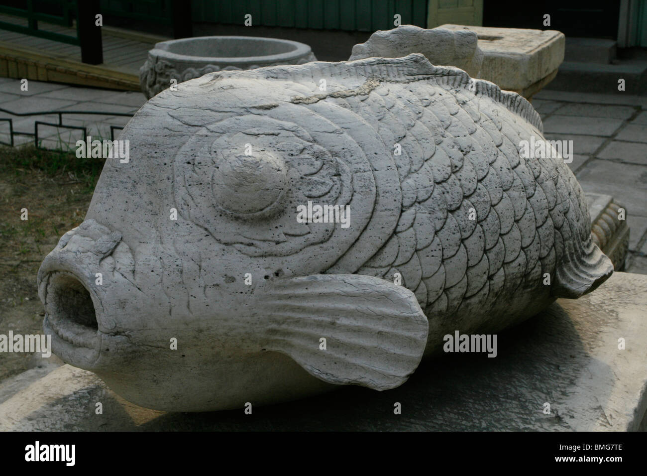 Remain of a stone fish shaped fountain head in Dashuifa, Yuanmingyuan ...